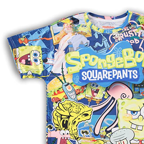Mens Spongebob Squarepants Classic Shirt - Spongebob, Patrick & Krusty Krab Sublimated Allover T-Shirt (White, Medium)