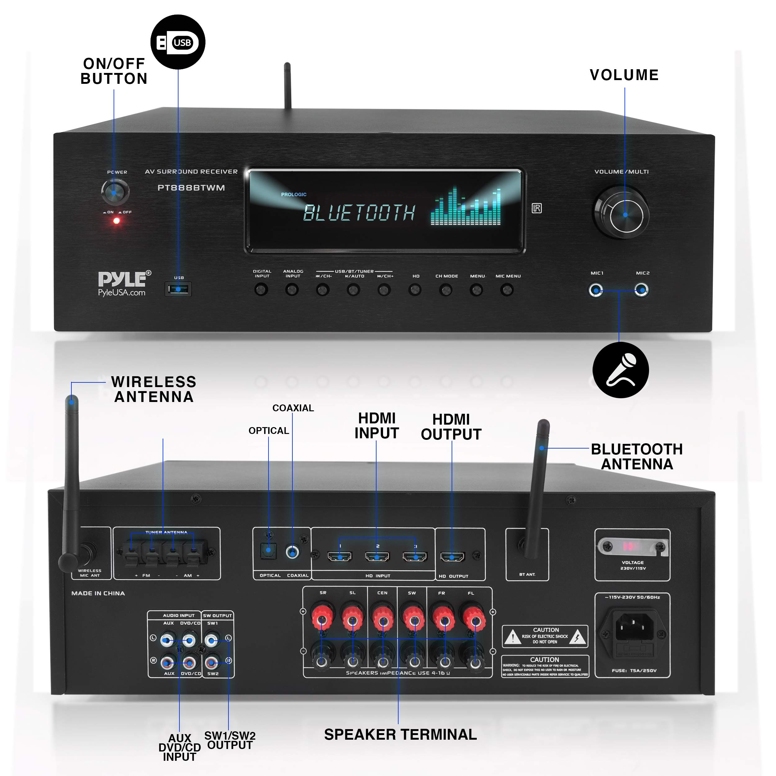 Pyle 1000W Bluetooth Home Theater Karaoke Receiver - 5.2-Ch Stereo Amplifier 2 UHF Wireless Microphone Video Pass-Through Supports, MP3/USB/HDMI/AM/FM Radio - Pyle PT888BTWM , Black