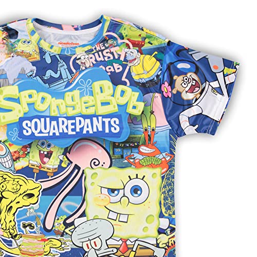 Mens Spongebob Squarepants Classic Shirt - Spongebob, Patrick & Krusty Krab Sublimated Allover T-Shirt (White, Medium)