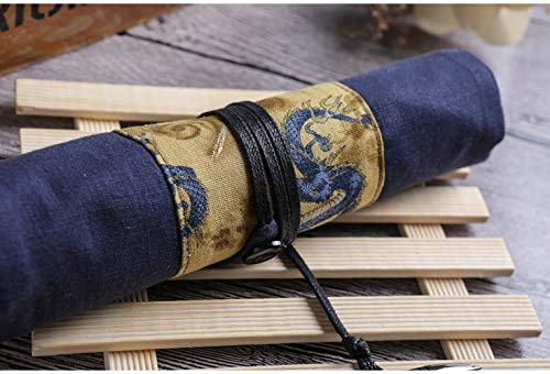 Canvas Pencil Wrap Pouch Cotton Roll Up Pen Organizer with Pencil Loops and Zipper Pocket,Travel Pen Pouch Case for Artists,Students(No Pencil Included) (Chinese Dragon)
