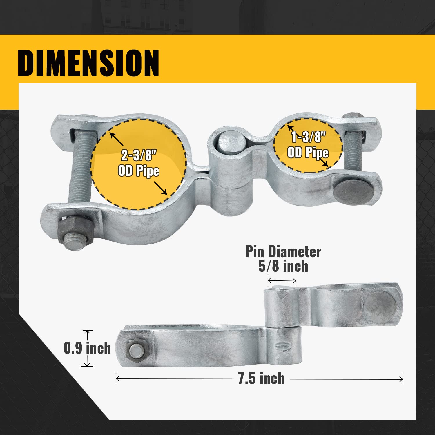 VIVIDA 1-3/8" x 2-3/8" Chain Link Gate Hinge Latch Kit, Include Female & Male Gate Hinges, 1-3/8" x 2-3/8" Fence Fork Latch, Chain Link Fence Hardware, Galvanized Steel