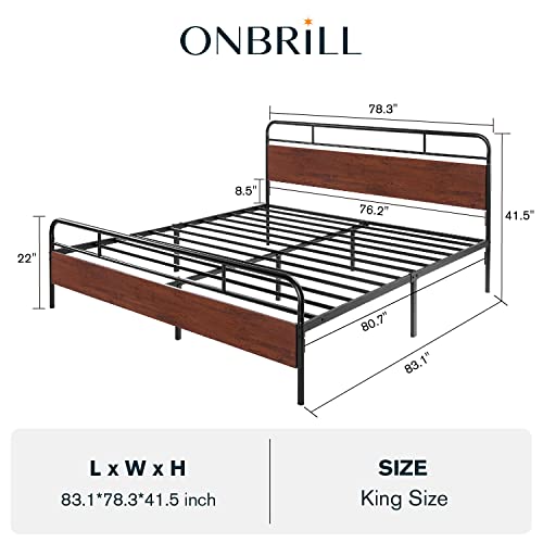 ONBRILL King Size Metal Bed Frame with Curved Wooden Headboard and Footboard, Mattress Foundation Platform Bed Frame with Under Bed Storage, No Box Spring Needed, Modern, Sanders