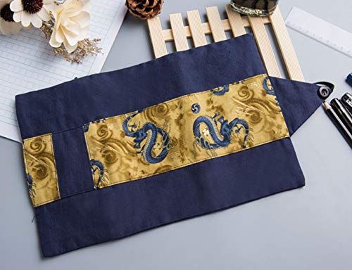 Canvas Pencil Wrap Pouch Cotton Roll Up Pen Organizer with Pencil Loops and Zipper Pocket,Travel Pen Pouch Case for Artists,Students(No Pencil Included) (Chinese Dragon)