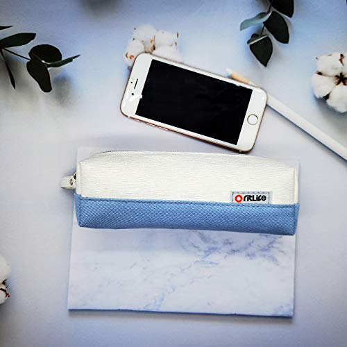 Oritlife Upgraded Wide-Open Stationery Pencil Case with Premium PU and Cotton, Pen Pencil Pouch with Silver Zipper for School College & Office (Blue)