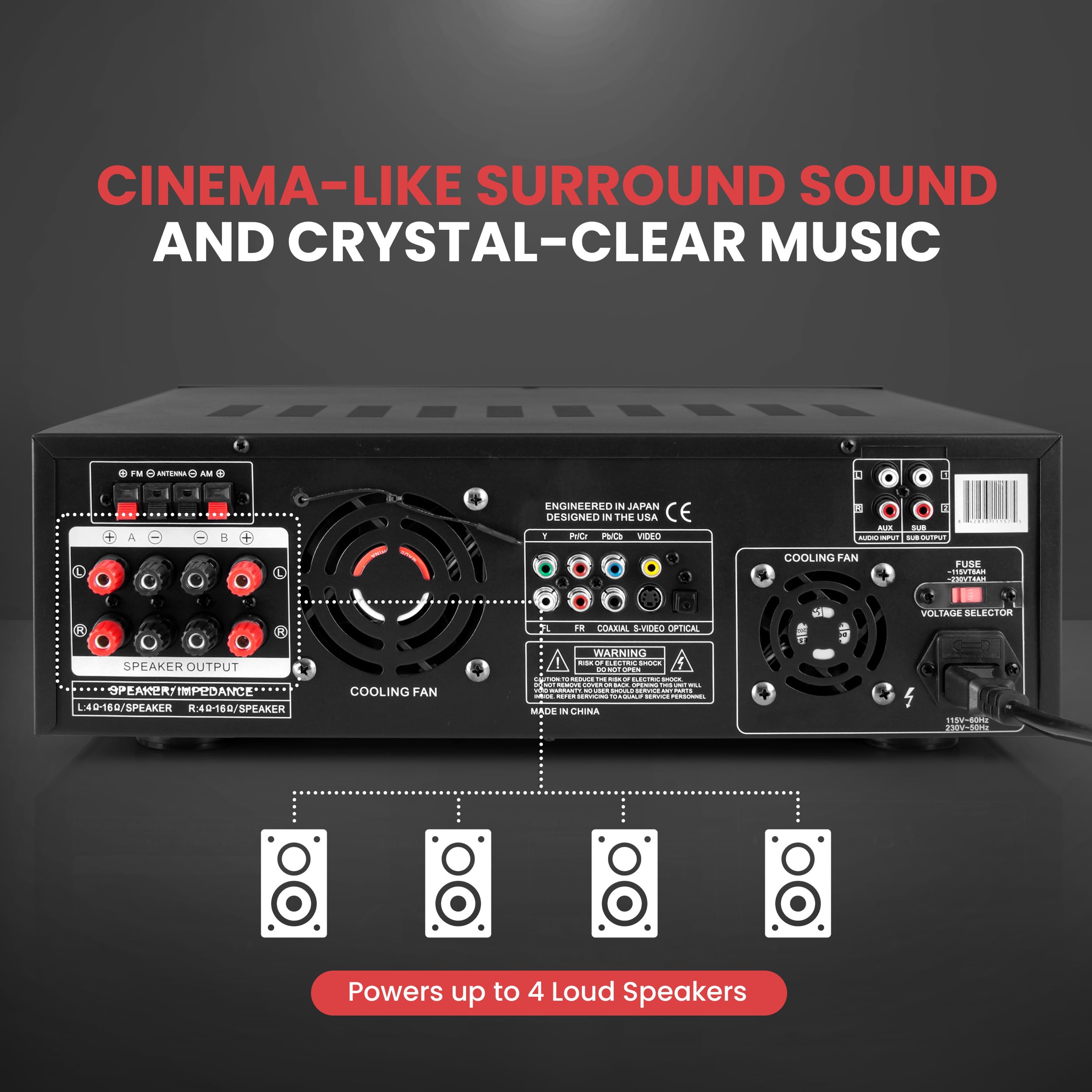 Pyle 4-Channel Wireless Bluetooth Power Amplifier - 1000W Stereo Speaker Home Audio Receiver w/FM Radio, USB, Headphone, 2 Microphone w/Echo, Front Loading CD DVD Player, LED, Rack Mount, Black