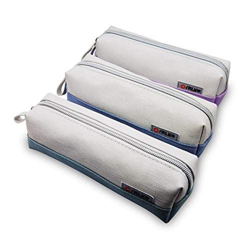 Oritlife Upgraded Wide-Open Stationery Pencil Case with Premium PU and Cotton, Pen Pencil Pouch with Silver Zipper for School College & Office (Blue)
