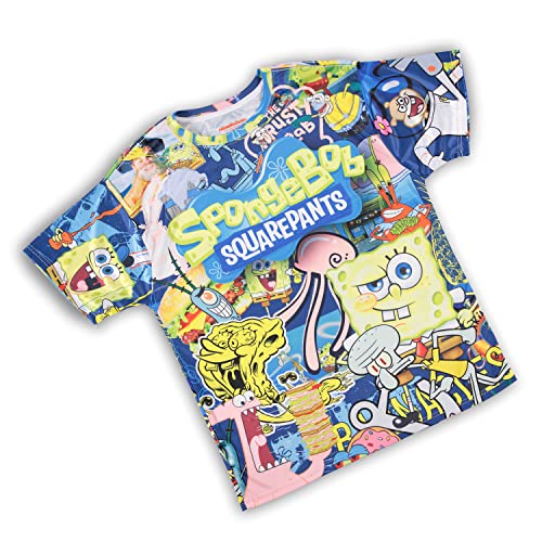 Mens Spongebob Squarepants Classic Shirt - Spongebob, Patrick & Krusty Krab Sublimated Allover T-Shirt (White, Medium)