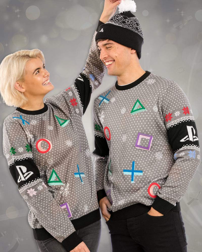 Numskull Unisex Official PlayStation Symbols Grey Knitted Christmas Jumper for Men or Women - Ugly Novelty Sweater Gift