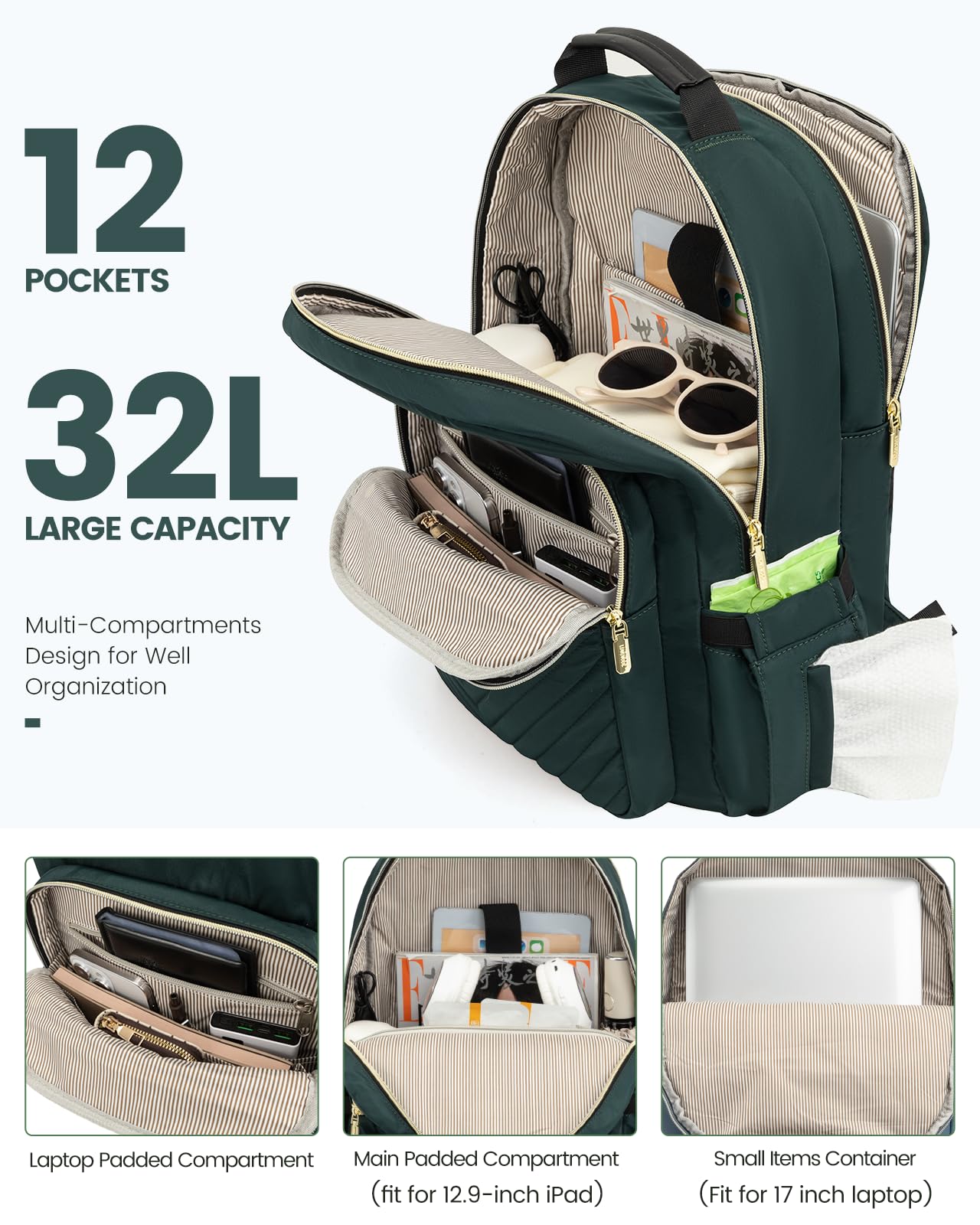 LOVEVOOK Laptop Backpack for Women, Large Capacity Travel Computer Work Bag with 17-inch Laptop Compartment, Business Nurse Backpack Purse, Hiking Outdoor Carry On Backpack, Deepgreen