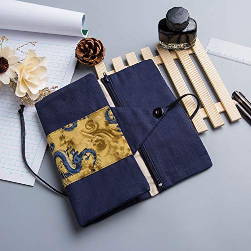 Canvas Pencil Wrap Pouch Cotton Roll Up Pen Organizer with Pencil Loops and Zipper Pocket,Travel Pen Pouch Case for Artists,Students(No Pencil Included) (Chinese Dragon)