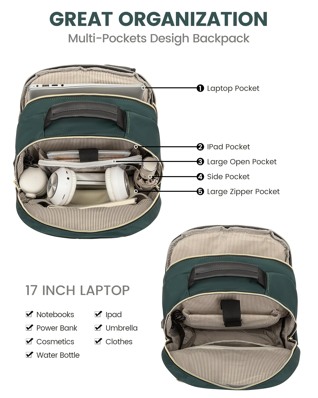 LOVEVOOK Laptop Backpack for Women, Large Capacity Travel Computer Work Bag with 17-inch Laptop Compartment, Business Nurse Backpack Purse, Hiking Outdoor Carry On Backpack, Deepgreen