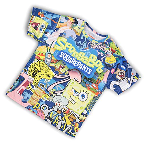Mens Spongebob Squarepants Classic Shirt - Spongebob, Patrick & Krusty Krab Sublimated Allover T-Shirt (White, Medium)