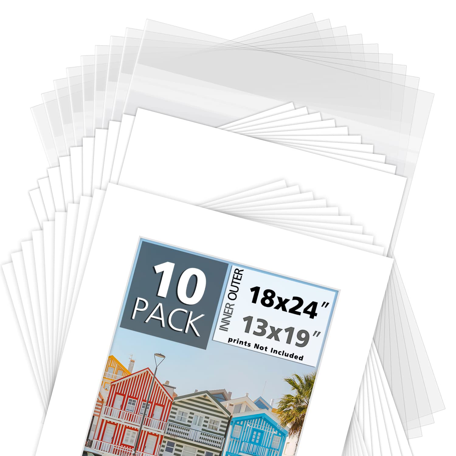 MBC MAT BOARD CENTER, Pack of 10-18x24 Pre-Cut 13x19 - White Mats - for Pictures, Photos, Framing - Kit Includes: 10 White Backboards and 10 Clear Bags - Acid Free, 4-ply Thickness, White Core