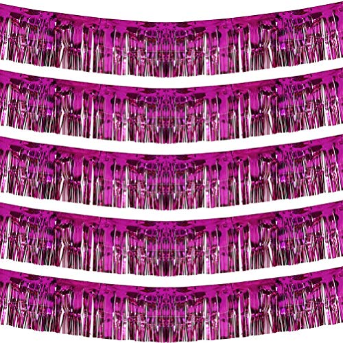 Blukey 10 Feet by 15 Inch Fuchsia Foil Fringe Garland - Pack of 5 | Shiny Metallic Tinsel Banner | Ideal for Parade Floats, Bachelorette, Wedding, Birthday, Christmas | Wall Hanging Drapes