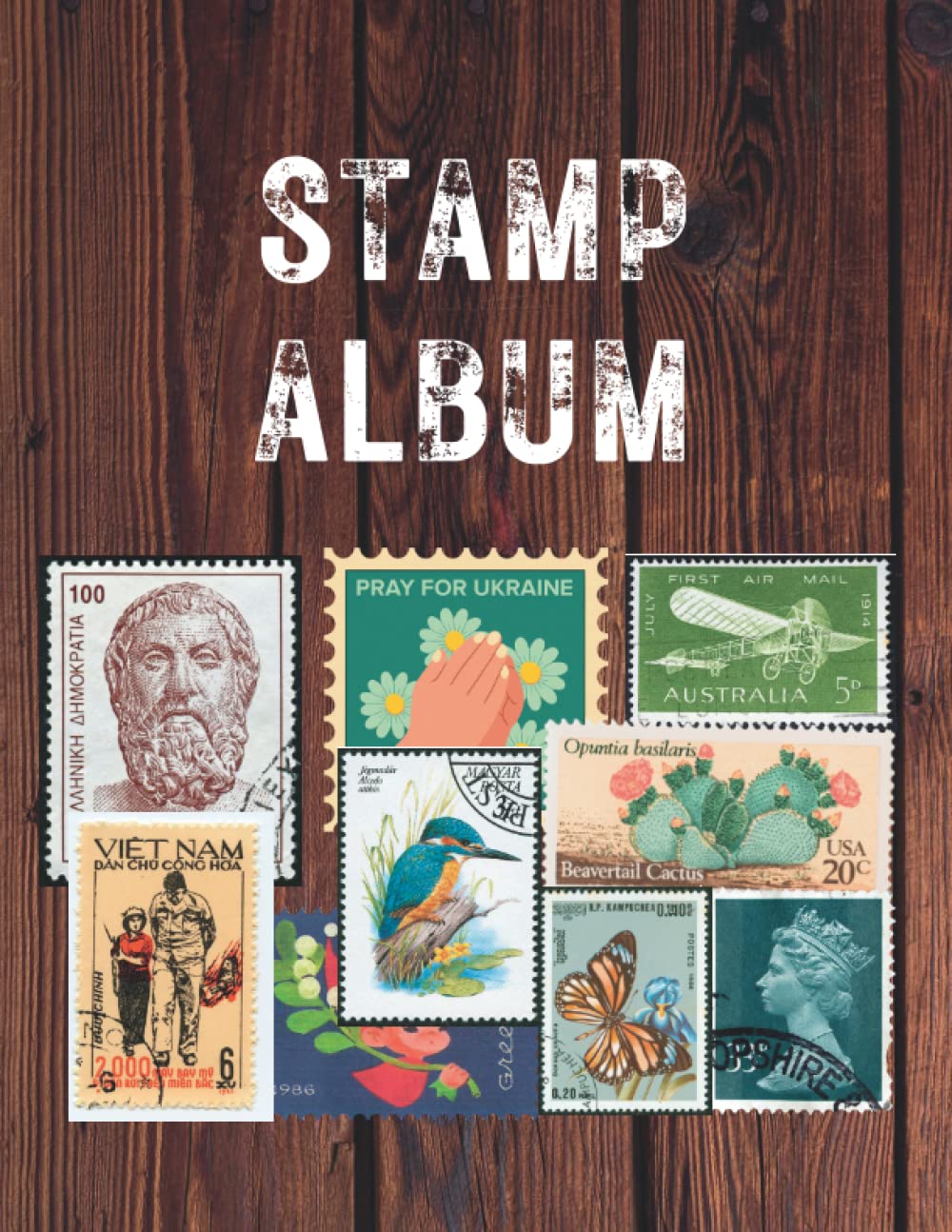 STAMP ALBUM: Stamp Organizing Album - Collecting Journal / Logbook For Kids, Teens & Adults/ Wooden Glossy Finish Cover Design - Large 8,5 X 11 Size.