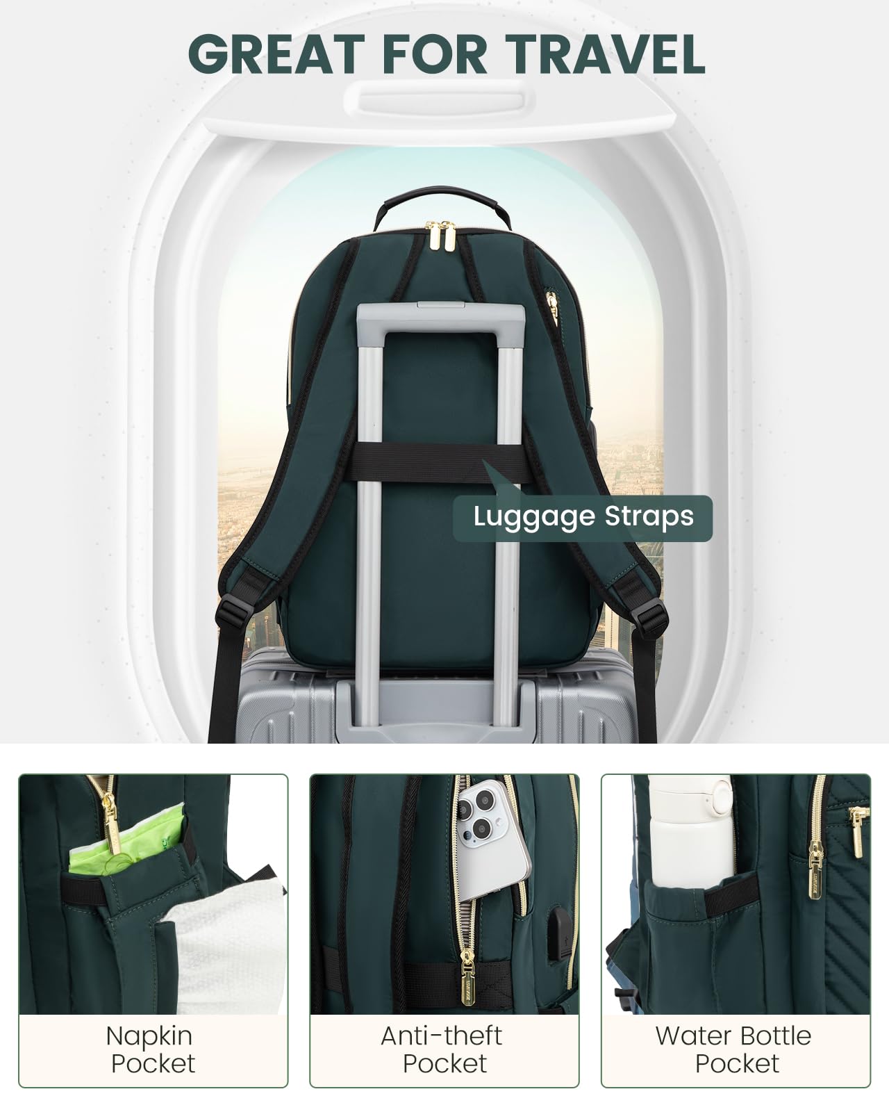 LOVEVOOK Laptop Backpack for Women, Large Capacity Travel Computer Work Bag with 17-inch Laptop Compartment, Business Nurse Backpack Purse, Hiking Outdoor Carry On Backpack, Deepgreen