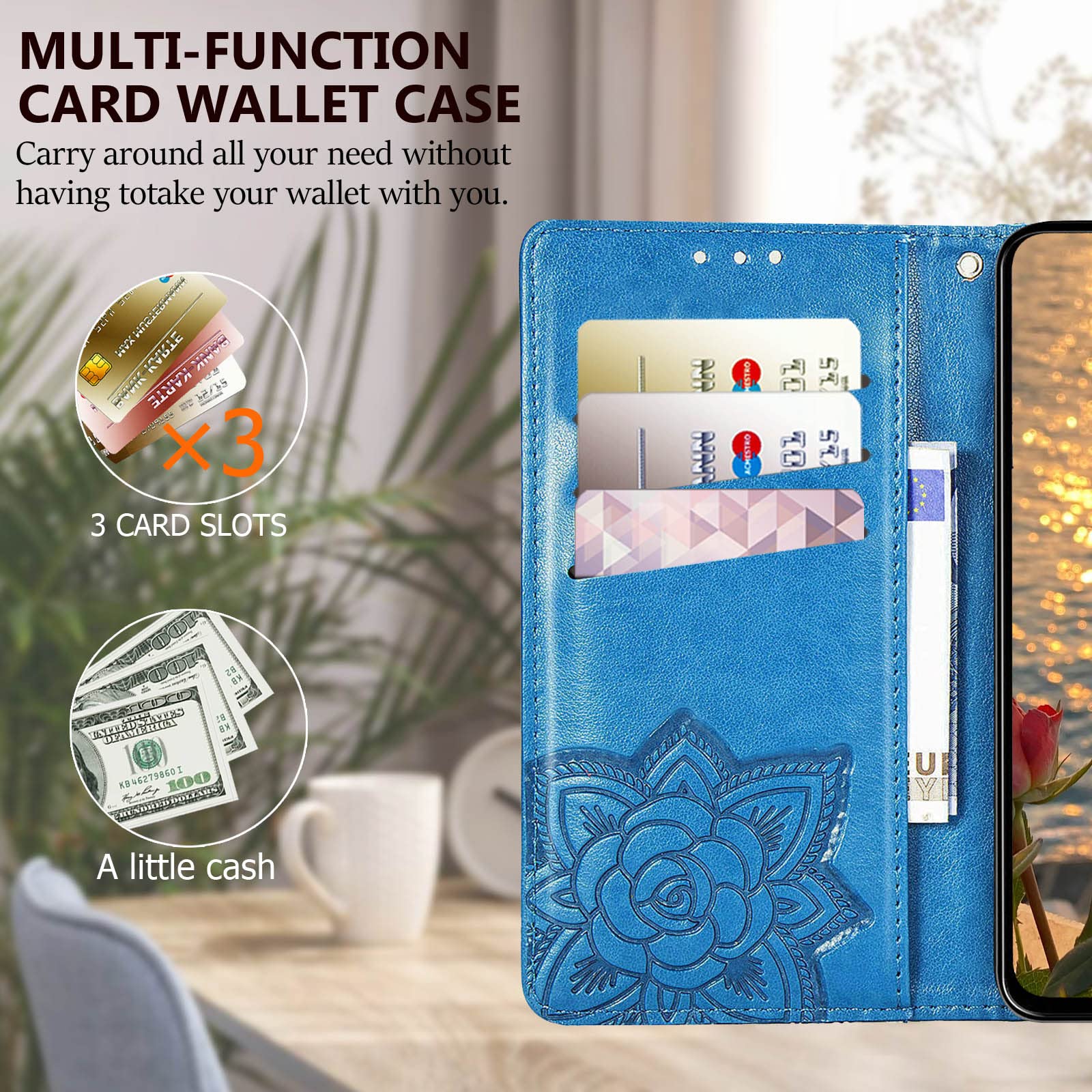 KRHGEIK for Samsung Galaxy S23 5G Case Wallet,Women Flip Folio Cover with Butterfly Embossed PU Leather Kickstand Credit Card Holders Slots Wrist Strap Phone Case 6.1" (Blue)