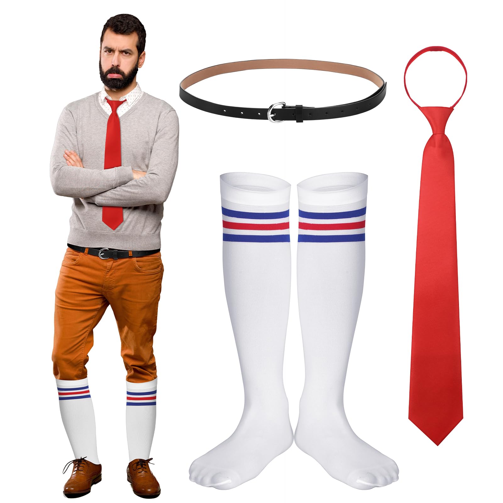 Xtinmee 3 Pcs Halloween Costume Set for Adult Men - Yellow Square Costume Accessories Set with Red Necktie, 3 Stripes Sports Soccer Team Socks, Black Belt for Sponge Cosplay