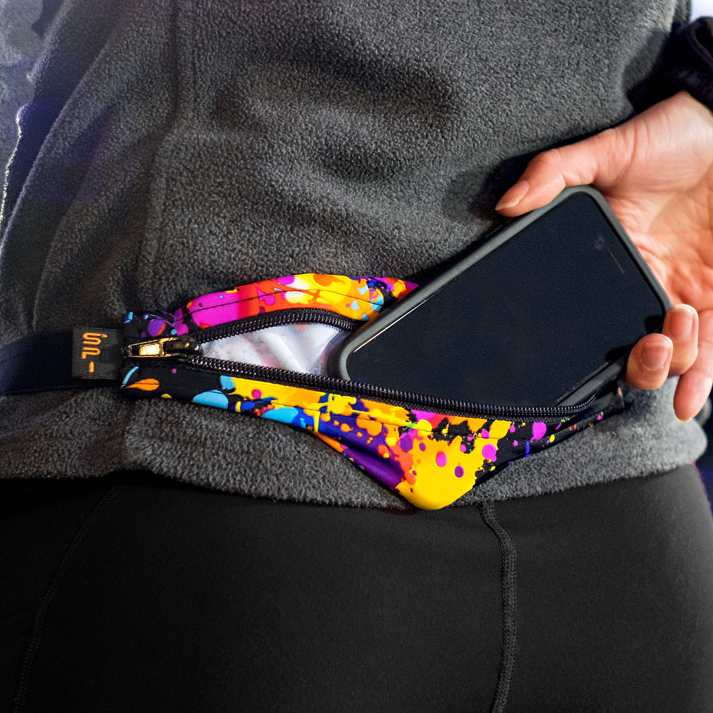 SPIbelt Large Pocket Running Belt for Women Men, Phone Holder for Running, Running Fanny Pack, Holder for Phone, Running Waist Pack, Expandable, Adjustable. Black with Turquoise Zipper