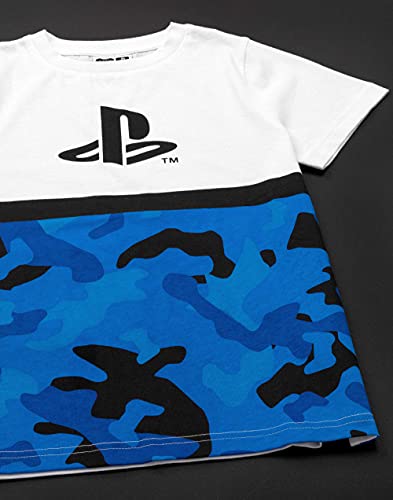 PlayStation Kids T-Shirt Camo Boys Blue White Logo Game Short Sleeve Top 7-8 Years