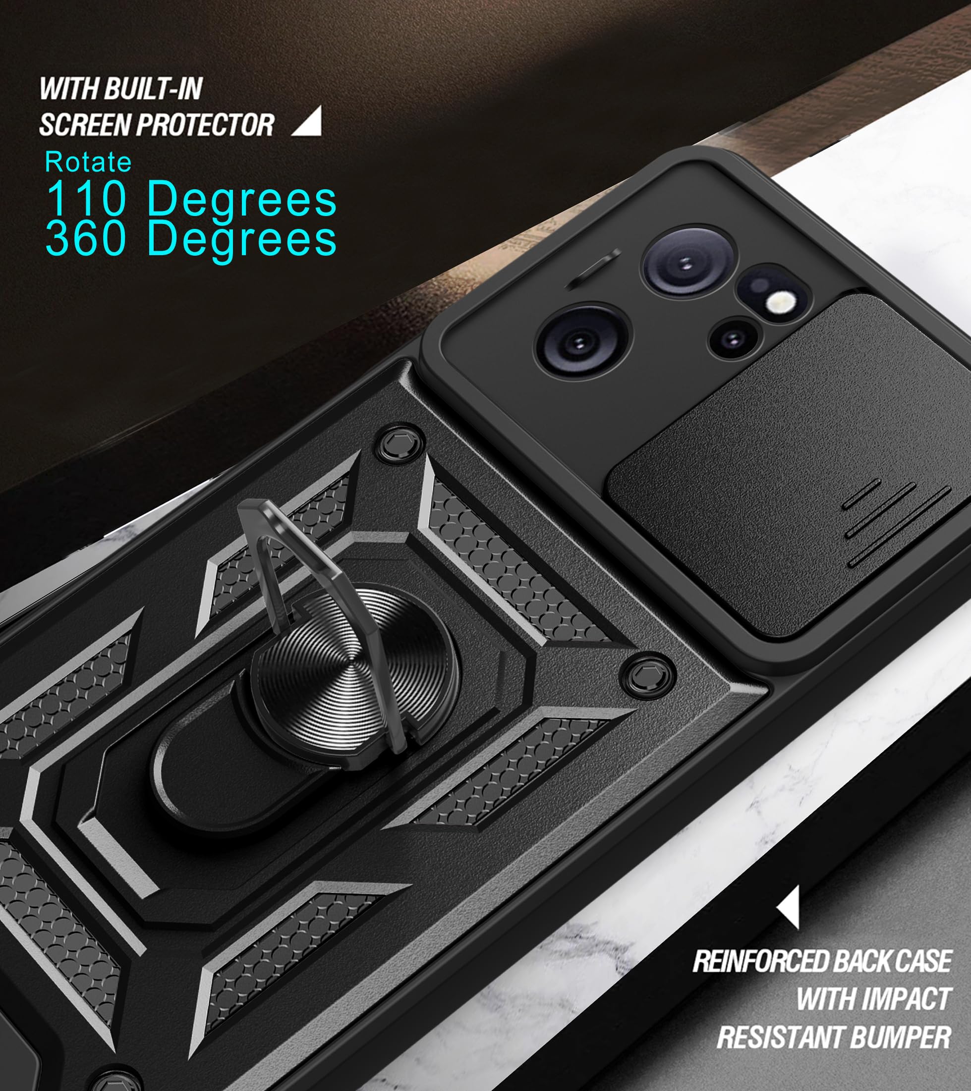 Kainevy for Xiaomi 13T Pro Case Heavy Duty with Camera Protective Cover Xiaomi 13T Pro Case Shockproof with Ring Magnetic Stand Black Aesthetic Cool for Men Boys Durable Case (Black)