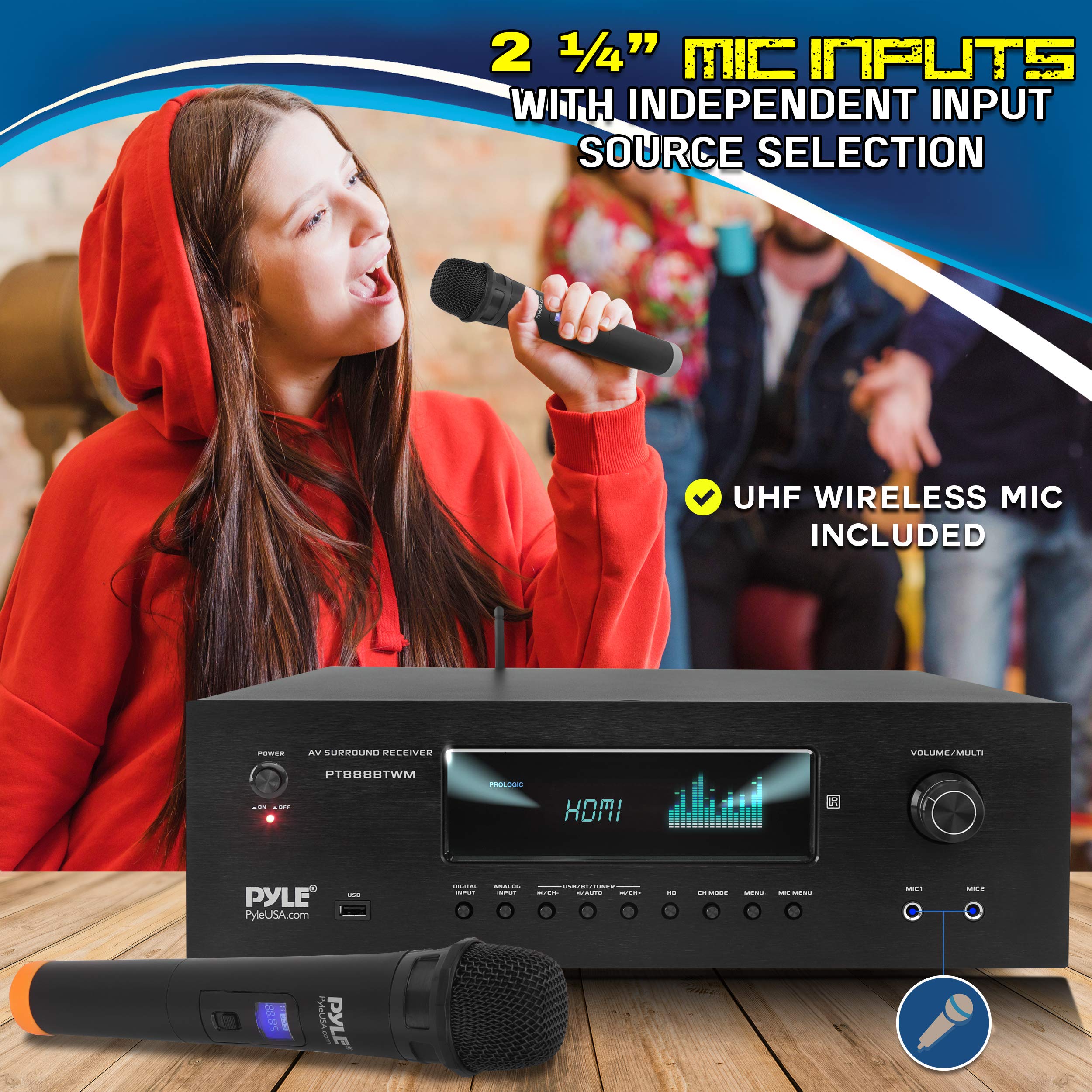 Pyle 1000W Bluetooth Home Theater Karaoke Receiver - 5.2-Ch Stereo Amplifier 2 UHF Wireless Microphone Video Pass-Through Supports, MP3/USB/HDMI/AM/FM Radio - Pyle PT888BTWM , Black
