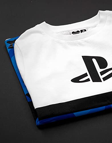 PlayStation Kids T-Shirt Camo Boys Blue White Logo Game Short Sleeve Top 7-8 Years
