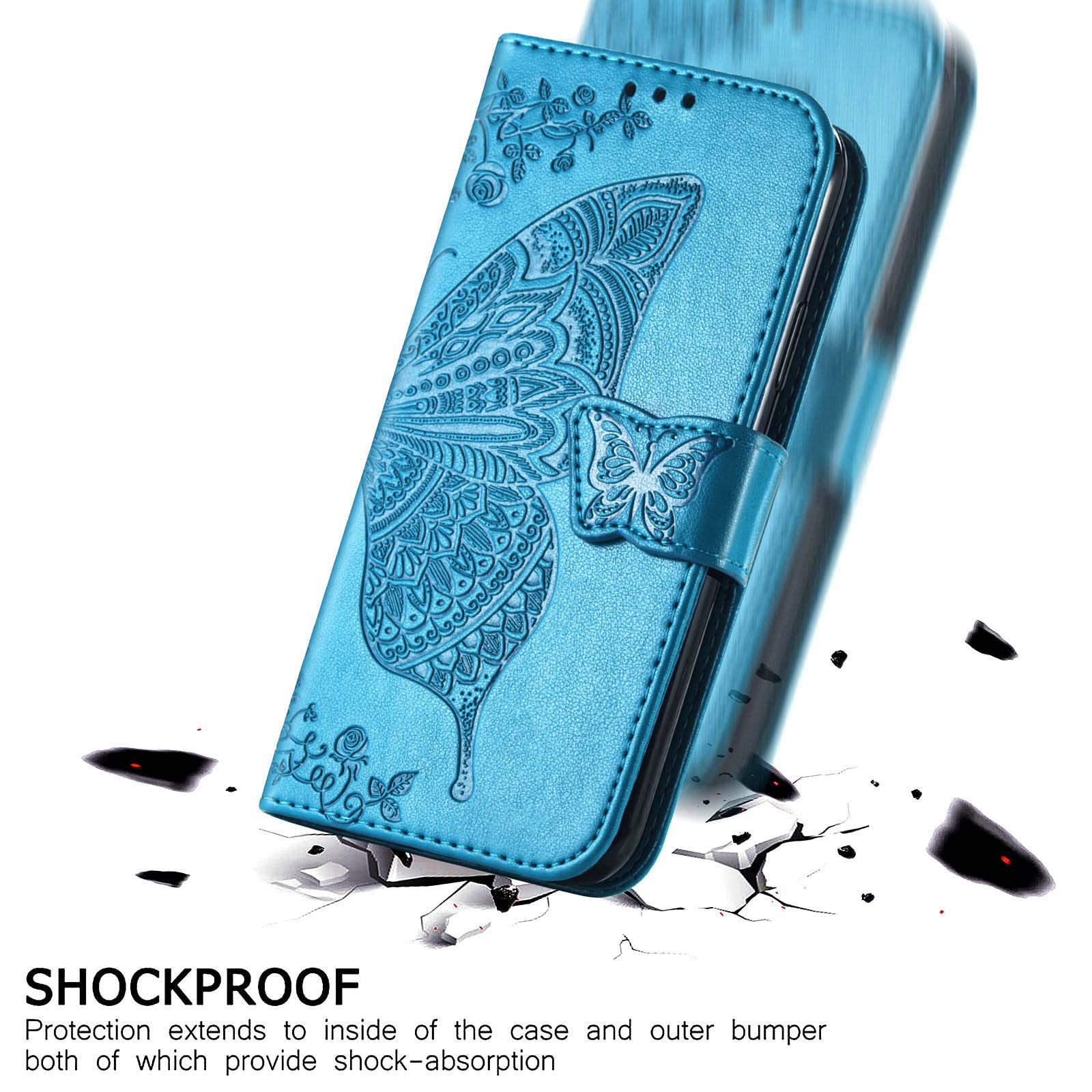 KRHGEIK for Samsung Galaxy S23 5G Case Wallet,Women Flip Folio Cover with Butterfly Embossed PU Leather Kickstand Credit Card Holders Slots Wrist Strap Phone Case 6.1" (Blue)