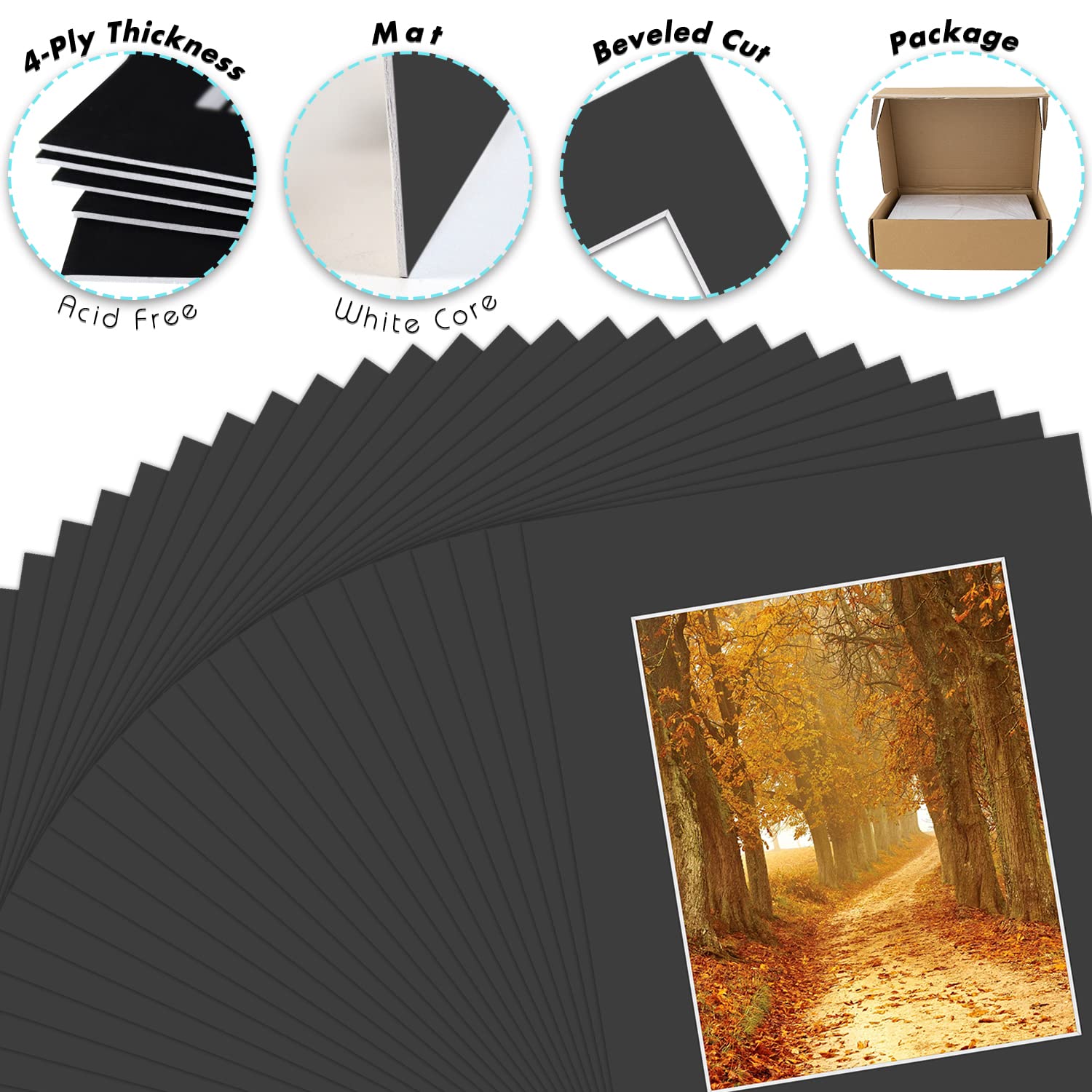 Golden State Art, Pack of 25, Acid-Free Black Pre-Cut 16x20 Picture Mat for 11x14 Photo with White Core Bevel Cut Frame Mattes