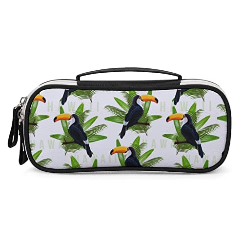 Toucan Tropical Palm Tree PU Leather Pen Pencil Bag Organizer Portable Makeup Carry Case Storage Handbag