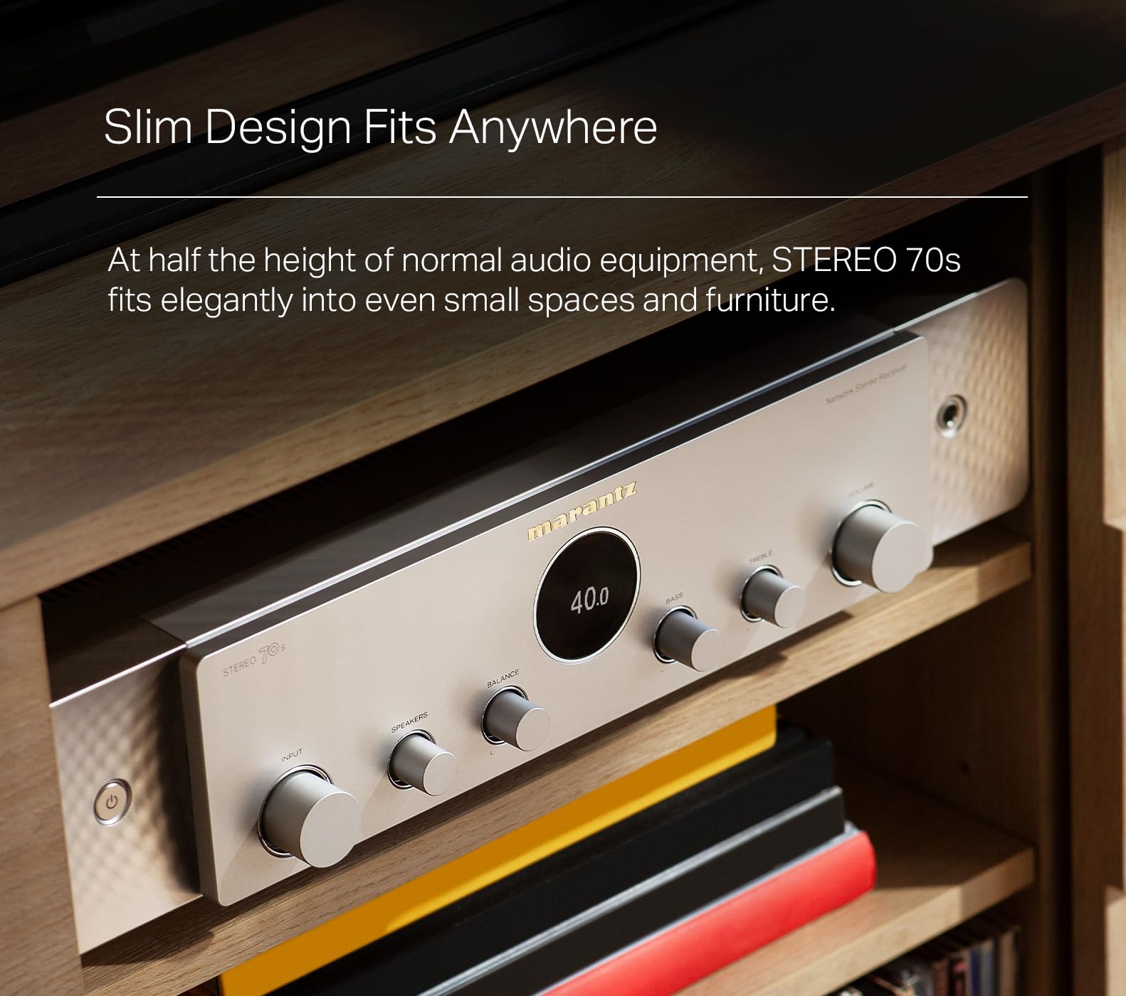 Marantz STEREO 70s 2-Ch AV Receiver (75W X 2) - 4K/120 and 8K Compact Home Theater Receiver, Class A/B Amplification, Supports Spotify Connect, Airplay 2, Bluetooth, & More via Wi-Fi & HEOS Multi-Room