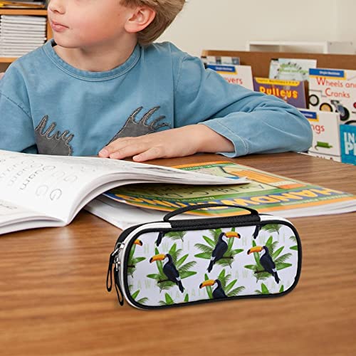Toucan Tropical Palm Tree PU Leather Pen Pencil Bag Organizer Portable Makeup Carry Case Storage Handbag