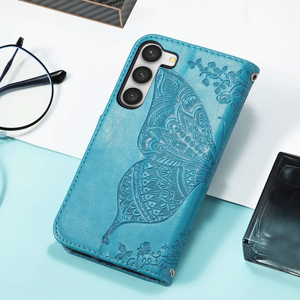 KRHGEIK for Samsung Galaxy S23 5G Case Wallet,Women Flip Folio Cover with Butterfly Embossed PU Leather Kickstand Credit Card Holders Slots Wrist Strap Phone Case 6.1" (Blue)