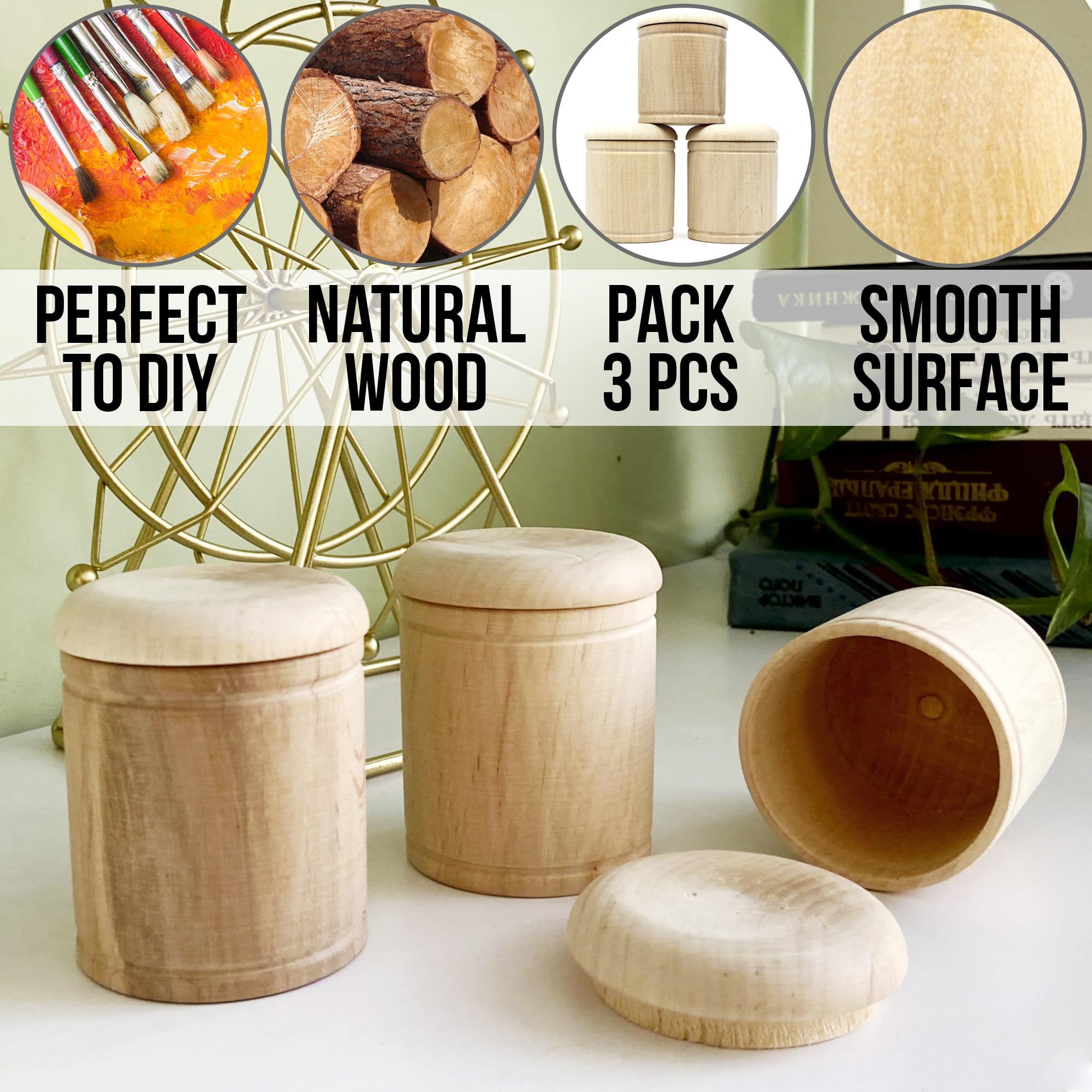 AEVVV 3pcs 2.8''x2'' Round Wooden Box with Lid Trinket Box Wedding Jewelry Box Decorative Boxes DIY Storage Trinket Bearer Container Case Wood Ring Box