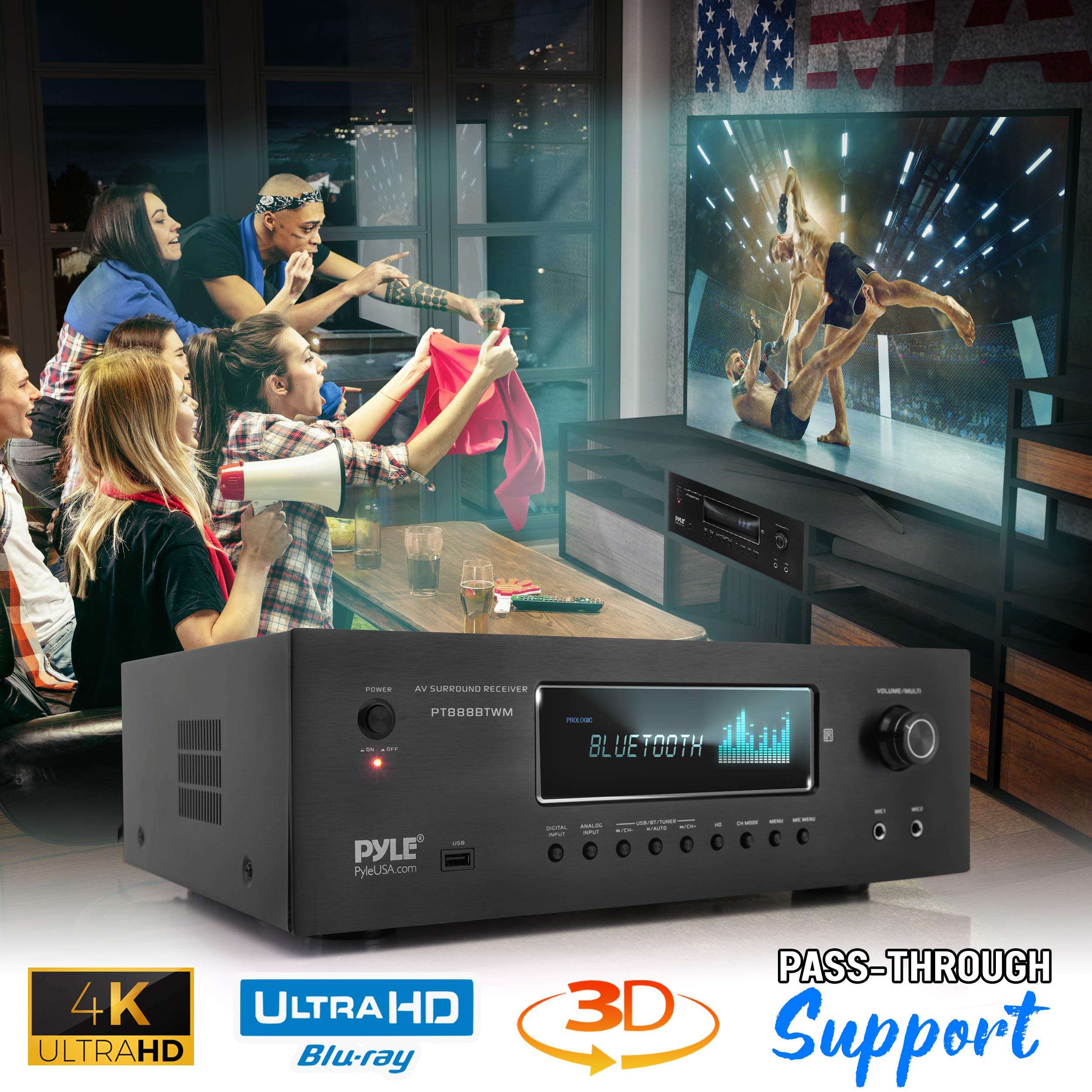 Pyle 1000W Bluetooth Home Theater Karaoke Receiver - 5.2-Ch Stereo Amplifier 2 UHF Wireless Microphone Video Pass-Through Supports, MP3/USB/HDMI/AM/FM Radio - Pyle PT888BTWM , Black