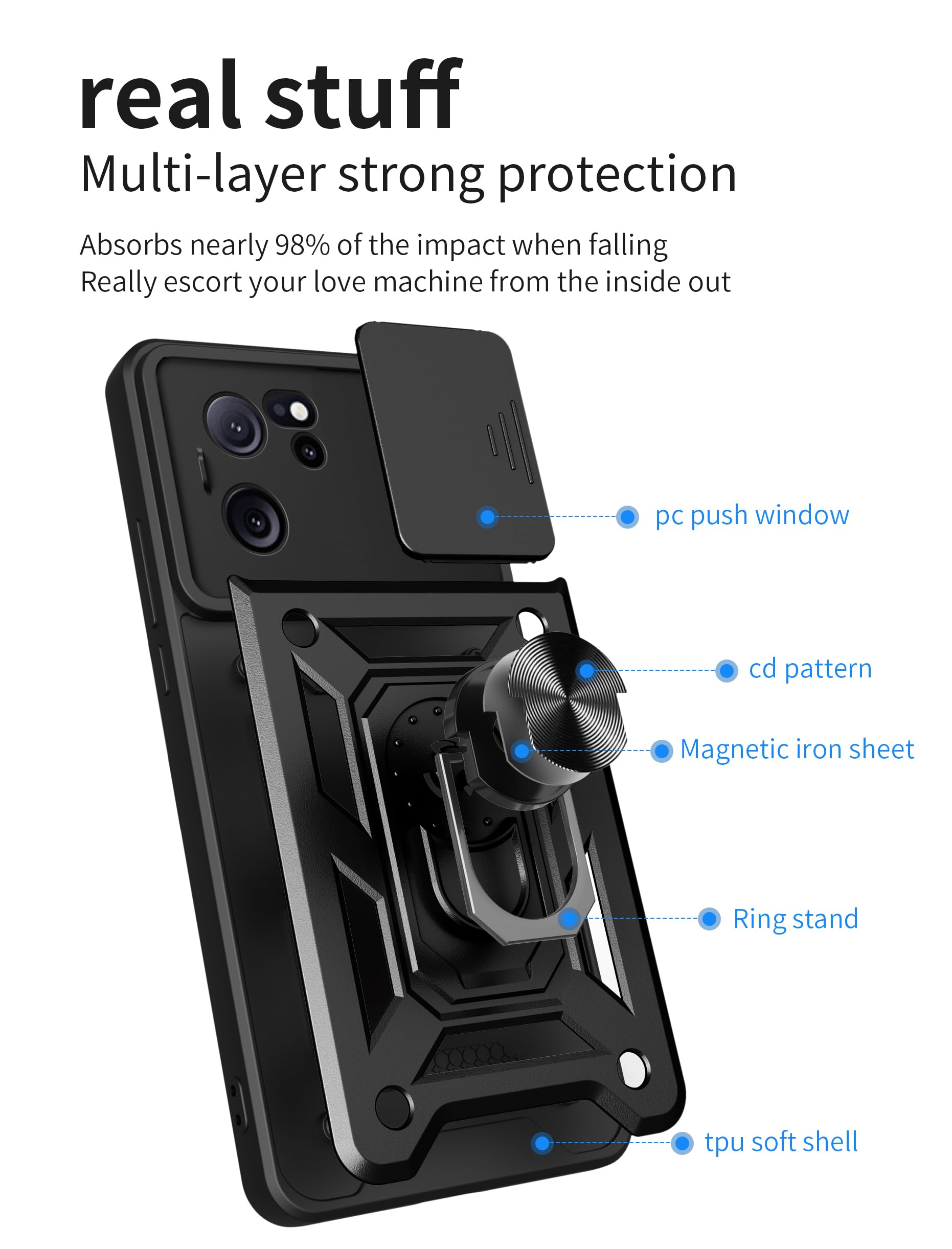 Kainevy for Xiaomi 13T Pro Case Heavy Duty with Camera Protective Cover Xiaomi 13T Pro Case Shockproof with Ring Magnetic Stand Black Aesthetic Cool for Men Boys Durable Case (Black)