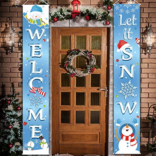 Christmas Decoration Set Christmas Porch Sign Welcome Merry Christmas Banner Christmas Hanging Garland for Frozen Winter Wonderland Party Decoration Xmas Winter Snow Party (Light Blue)