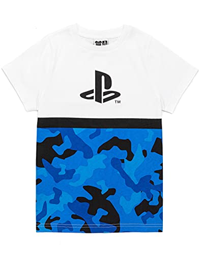 PlayStation Kids T-Shirt Camo Boys Blue White Logo Game Short Sleeve Top 7-8 Years