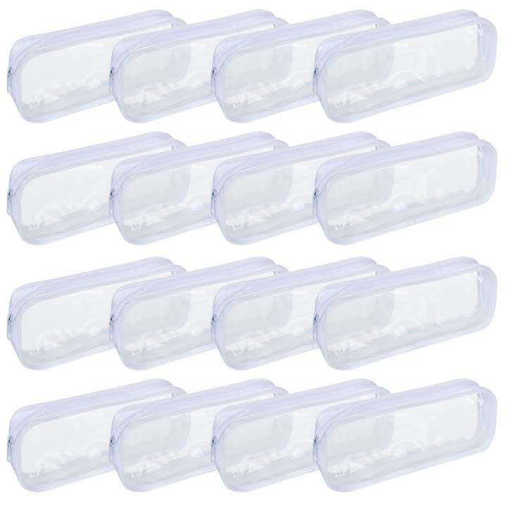 16 Pieces Clear Pencil Pouch, White Pencil Case with Zipper, Big Capacity Makeup Bag Toiletry Carry Pouch, Portable Pencil Bags for School Office Stationery and Travel Storage
