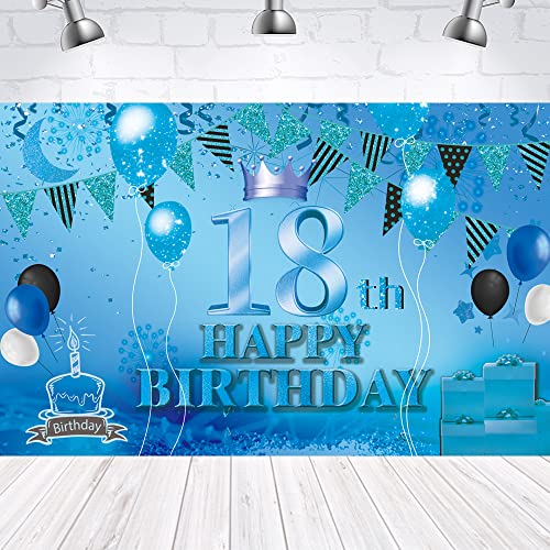 Happy 18th Birthday Backdrop Banner Blue 18th Sign Poster 18 Birthday Party Supplies for Anniversary Photo Booth Photography Background Birthday Party Decorations, 72.8 x 43.3 Inch