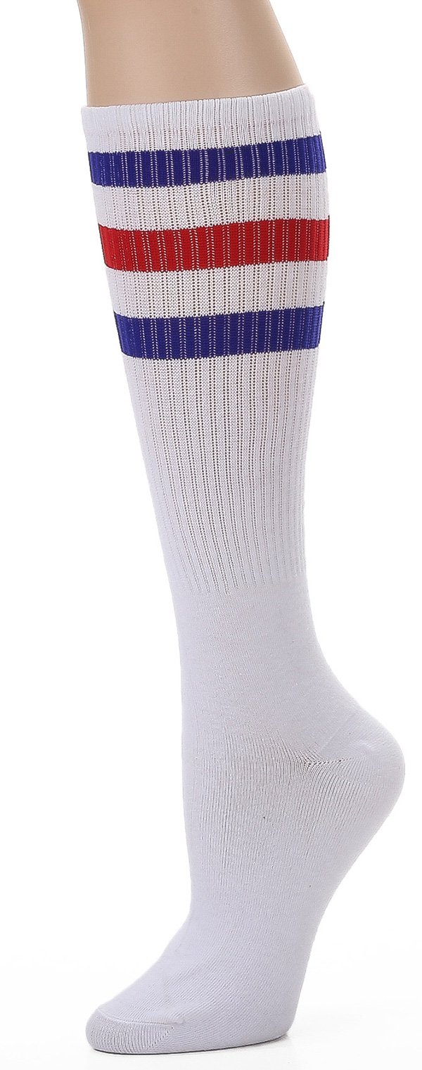 Leotruny Knee High Tube Socks: Over the Calf Retro Socks - Striped Tube Socks for Men Women White Blue Red