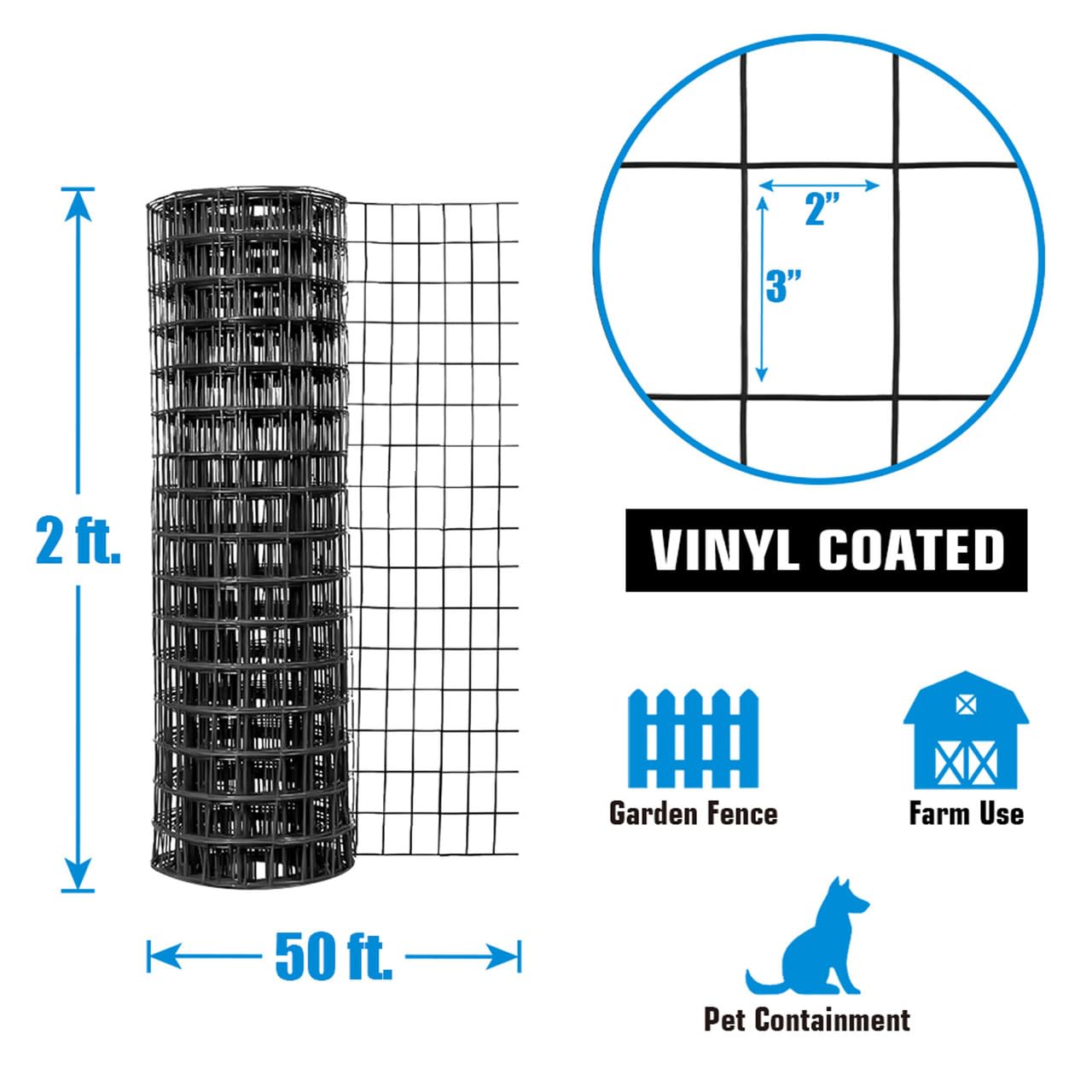 Fencer Wire Vinyl Coated 16 Gauge Welded Fence Wire Roll, Mesh Size 2-Inch x 3-Inch, Black Metal Garden Fencing Wire Grid Hardware Cloth, Multiple Use for Home Improvement