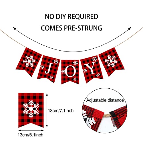 Plaid Christmas Joy Banner Cotton Burlap Christmas Rustic Bunting Banner for Christmas Hanging Decorations (Red)