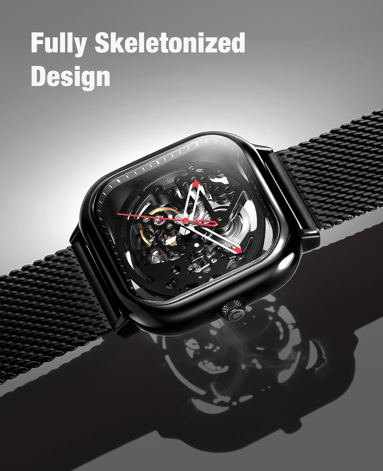 CIGA Design Men's Automatic Watch, C Series Full Hollow Skeleton Mechanical Analog Wristwatch with Milanese and Leather Strap Sapphire Crystal Mirror (Black)