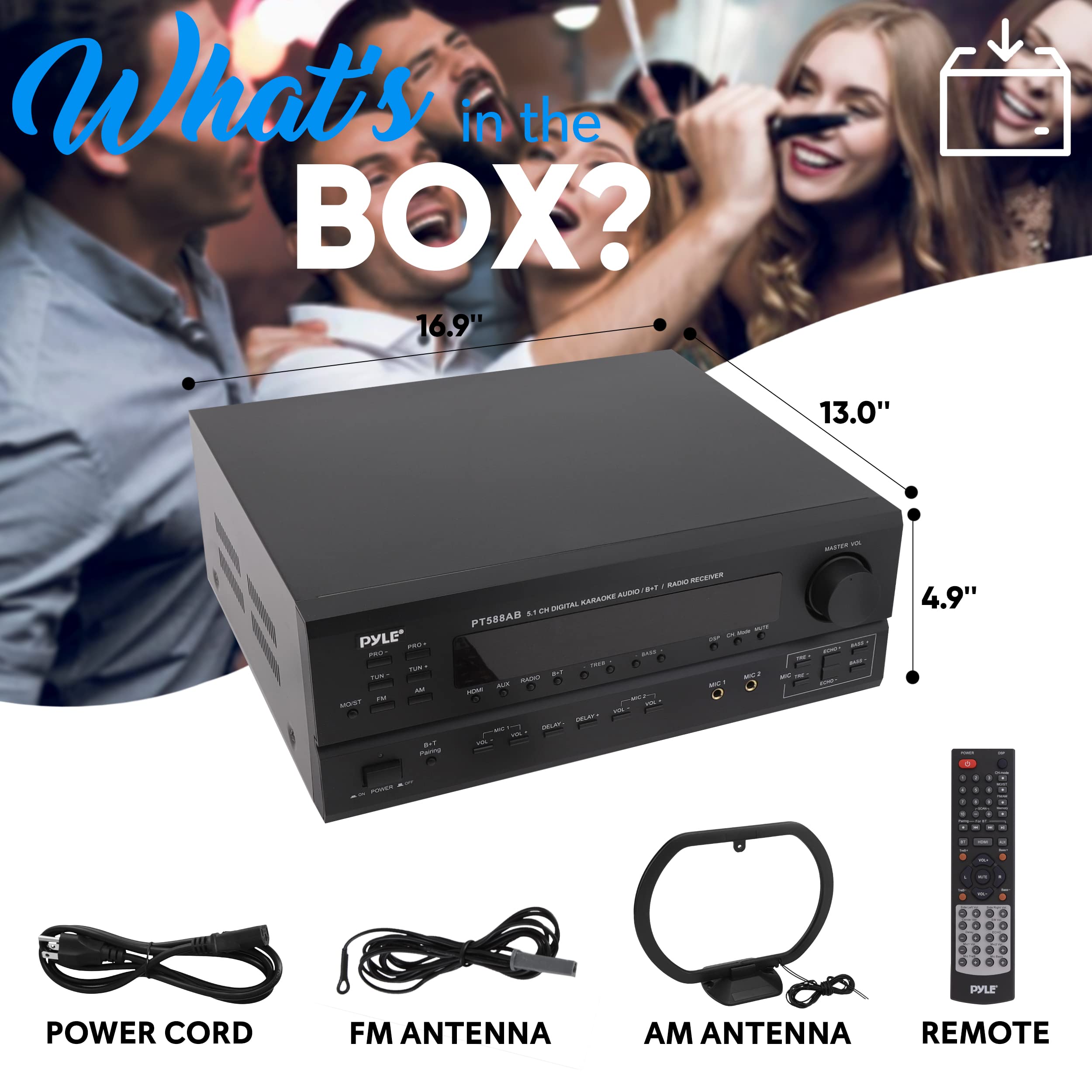 Pyle Wireless Bluetooth Power Amplifier System - 420W 5.1 Channel Home Theater Surround Sound Audio Stereo Receiver Box w/RCA, AUX, Mic w/Echo, Remote - for Subwoofer Speaker - Pyle PT588AB.5