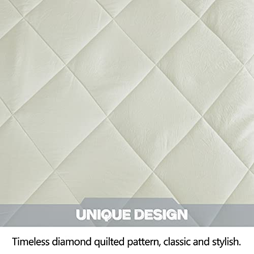 HIG 3 Piece Farmhouse Ruffled Skirt Bedspread Set King, Chic Ivory Diamond Stitched Coverlet with 30" Drop Dust Ruffle, French Country Bedding Collections for Bedroom Decor, Washed Microfiber (Elain)