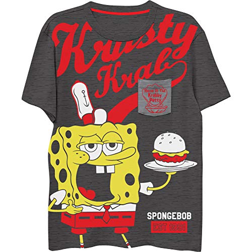 SpongeBob SquarePants Boys Shirt - Spongebob Oversize Print Tee - Spongebob Krusty Krab T-Shirt (Charcoal HTH, Small-4)
