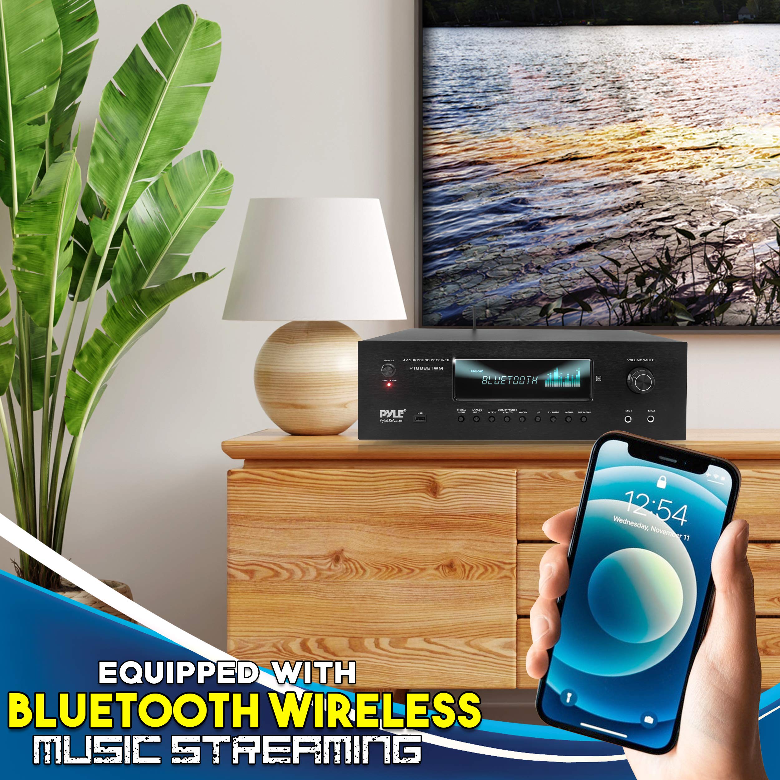 Pyle 1000W Bluetooth Home Theater Karaoke Receiver - 5.2-Ch Stereo Amplifier 2 UHF Wireless Microphone Video Pass-Through Supports, MP3/USB/HDMI/AM/FM Radio - Pyle PT888BTWM , Black