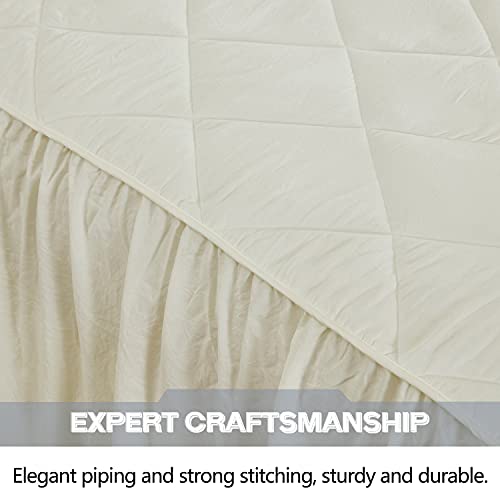 HIG 3 Piece Farmhouse Ruffled Skirt Bedspread Set King, Chic Ivory Diamond Stitched Coverlet with 30" Drop Dust Ruffle, French Country Bedding Collections for Bedroom Decor, Washed Microfiber (Elain)