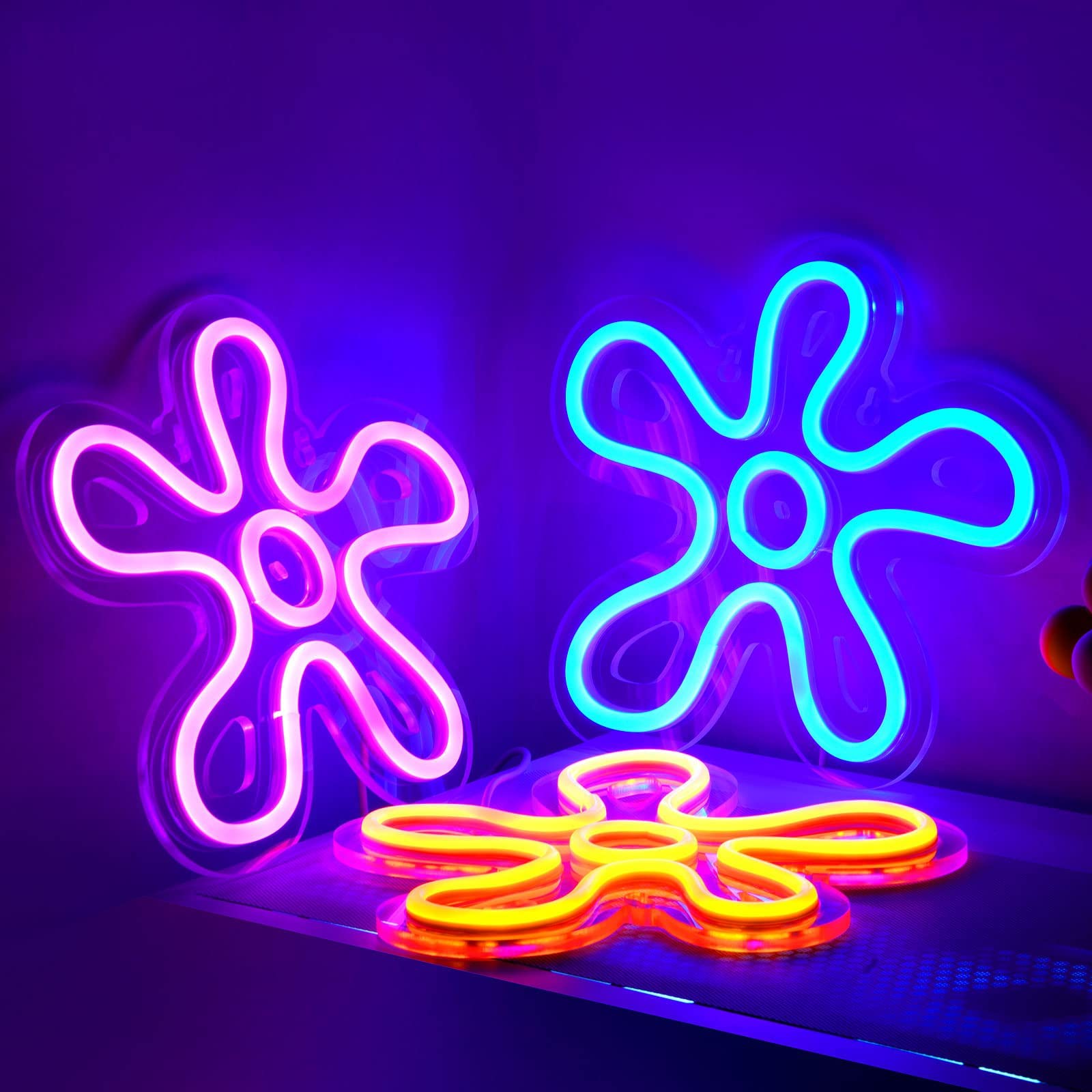 3 Pcs Flower Neon Sign Flower LED Light Signs Retro LED Signs Flower Shaped Neon Sign Purple Blue and Yellow Neon Sign for Bedroom Home Wall Decor Birthday Wedding Party Decorations Kid's Gifts